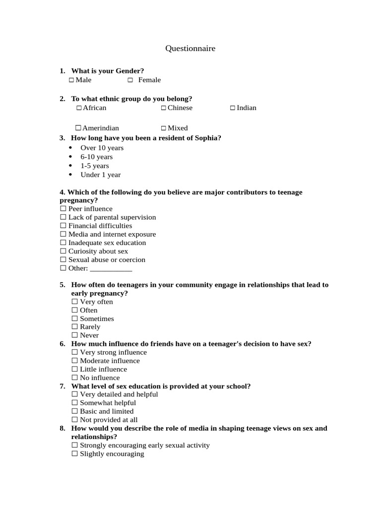 Teenage Pregnancy Awareness Questionnaire | PDF | Teenage Pregnancy ...