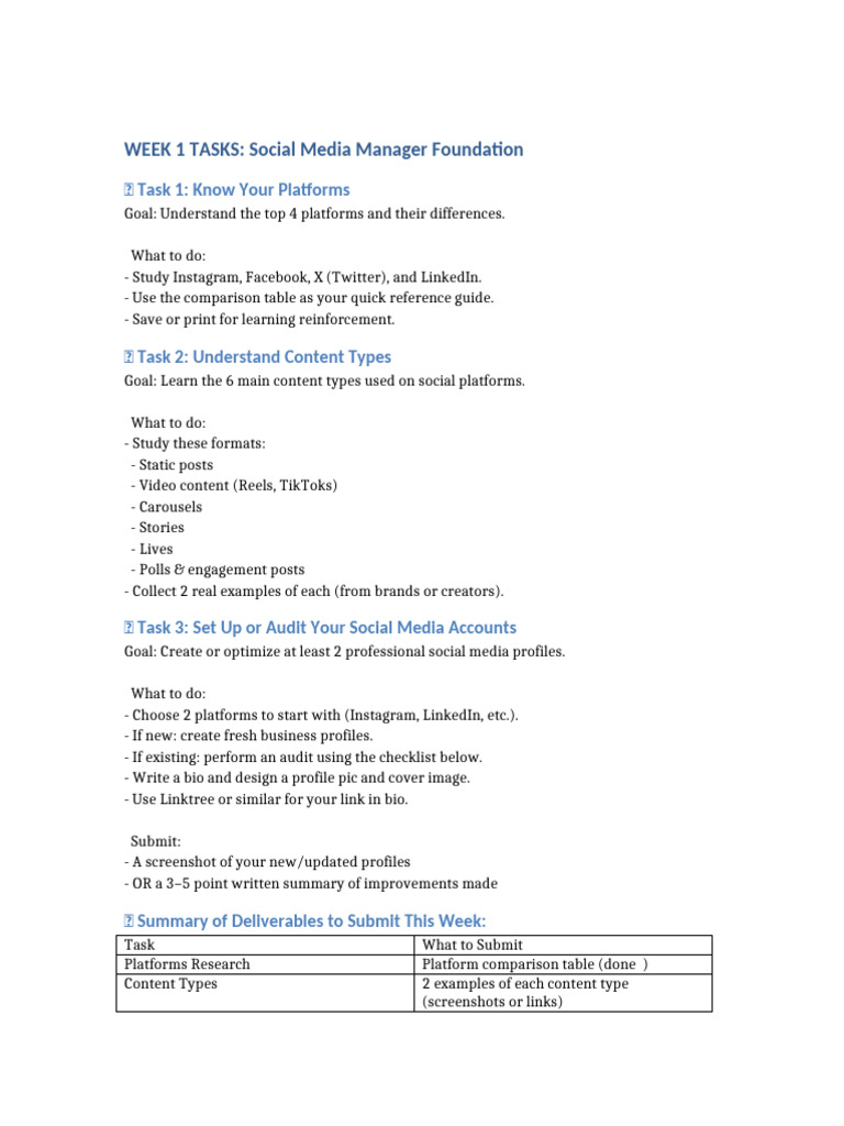 Week 1 Social Media Manager Tasks | PDF