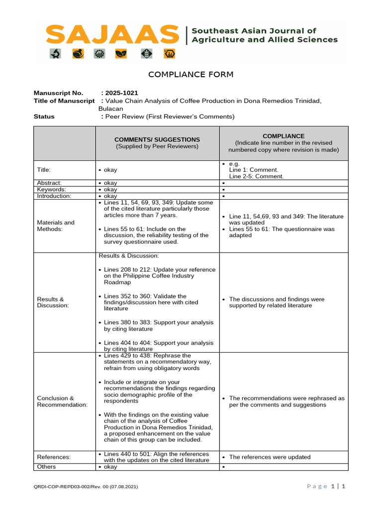 2025-1021 (Compliance Form For First Peer Reviewer's Comments) | PDF