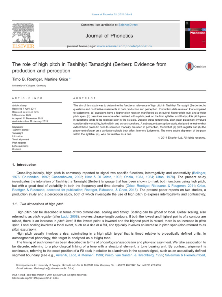 Journal of Phonetics: Timo B. Roettger, Martine Grice | PDF | Tone ...