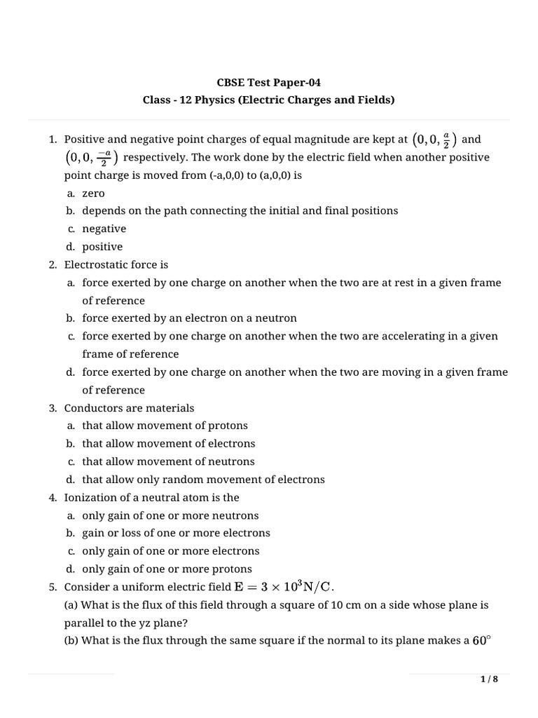 ElectricChargesandFields Paper 04 PDF | PDF | Electric Charge ...