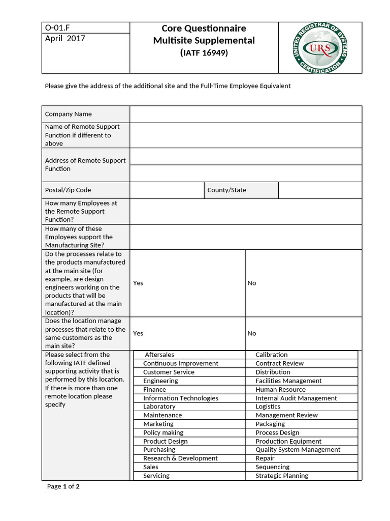 O-01.F Core Questionnaire Multisite IATF 16949 April 2017 | PDF | Audit ...
