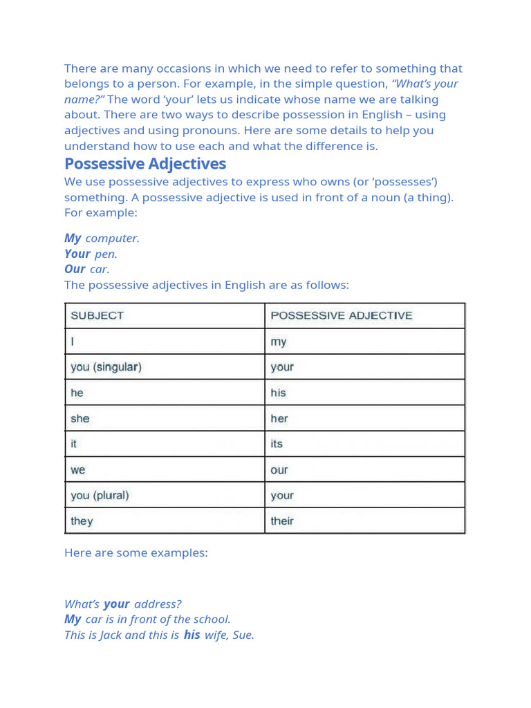 Possessive Pronouns and Possessive Adjective | PDF | Grammatical Gender ...