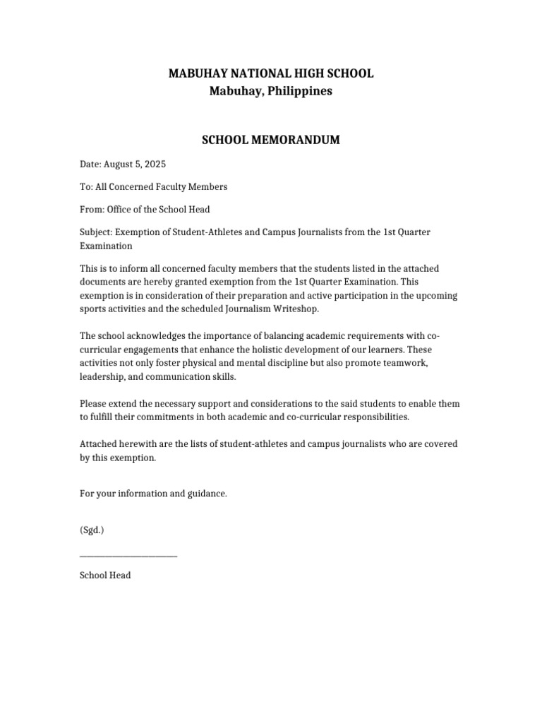 Student-Athlete Exam Exemption Notice | PDF