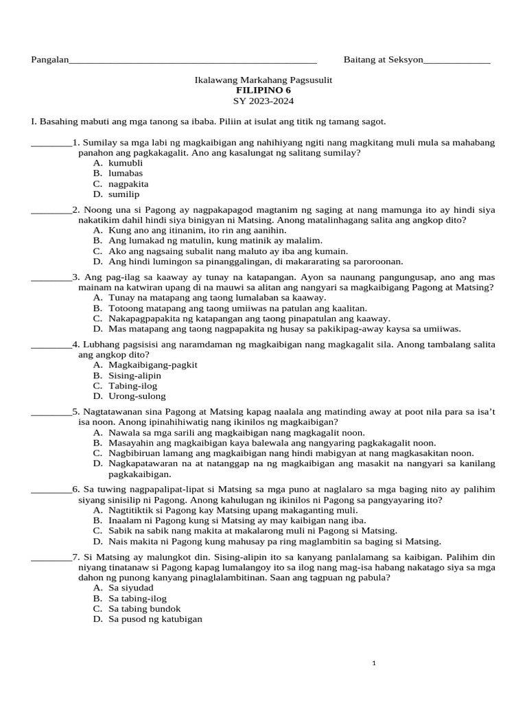 Ikalawang Markahang Pagsusulit Sa Filipino 6 Copy20240919085600 | PDF