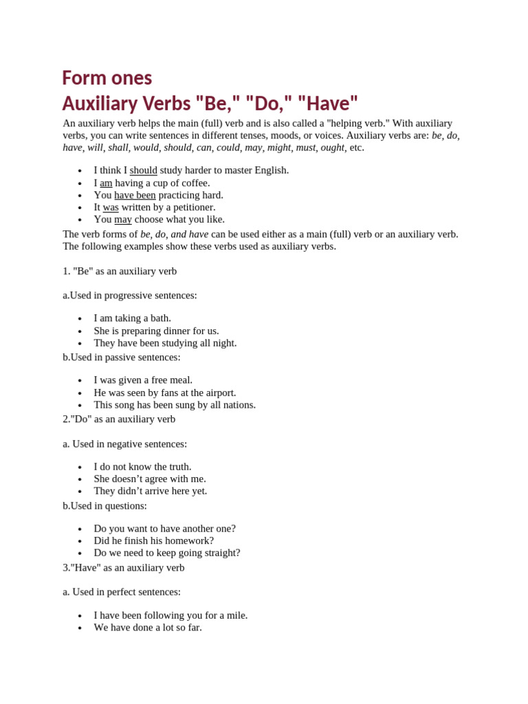 Understanding Auxiliary Verbs: Be, Do, Have | PDF