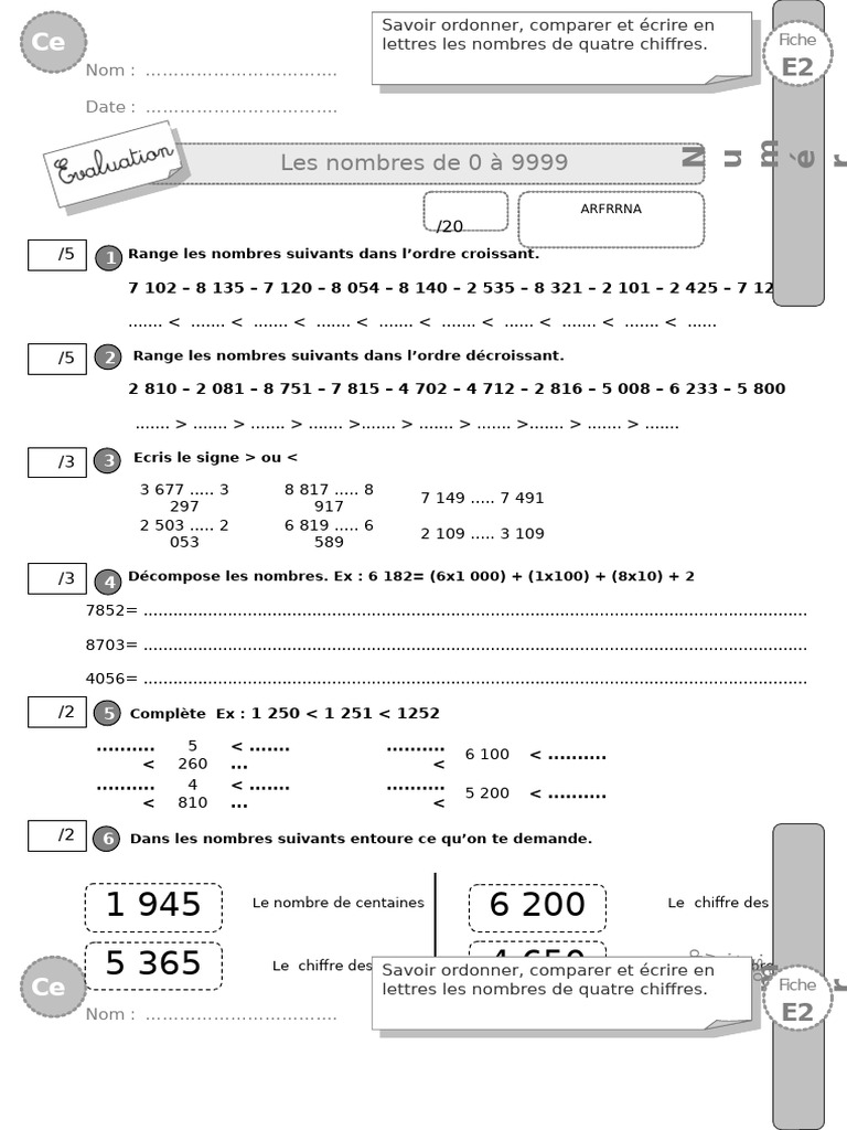 Ordre et comparaison des nombres 0-9999 | PDF