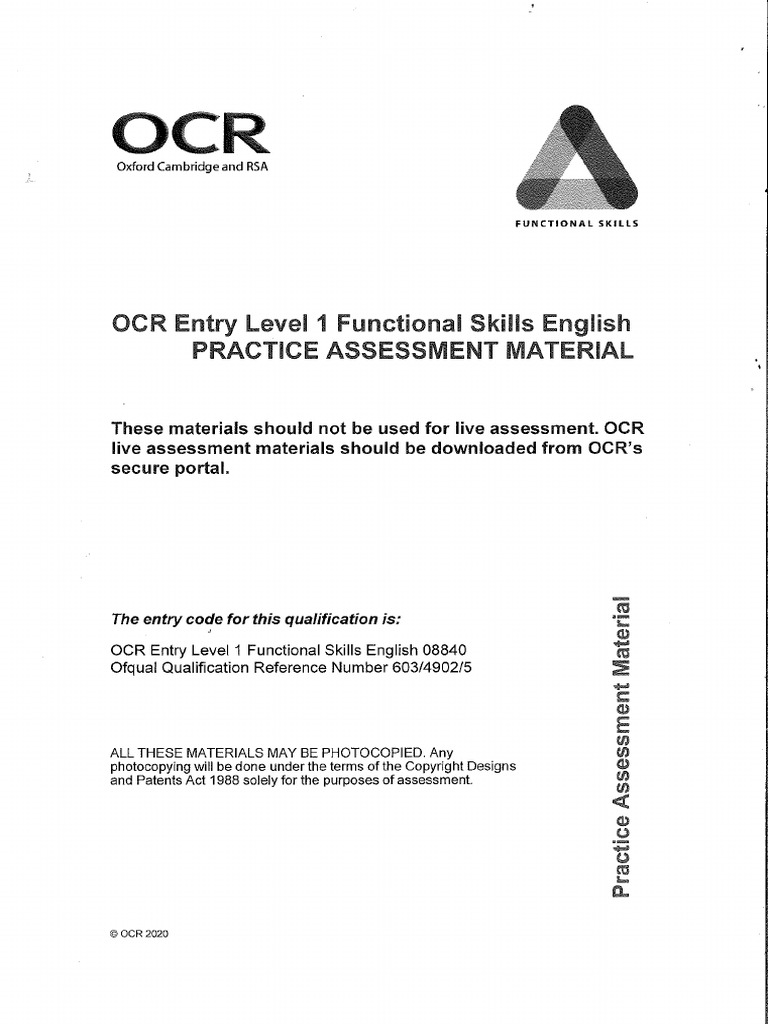 Functional Skills English ENTRY LEVEL 1 Practice Paper.198937657 | PDF