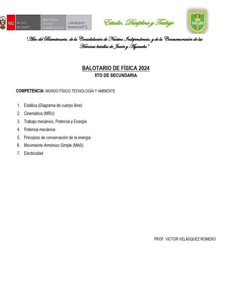 Balotario Física 2024 5to Sec | PDF