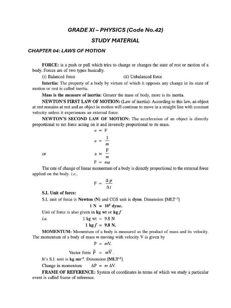 Study Material Laws of Motion | PDF