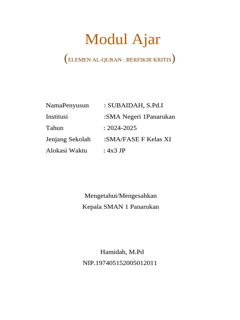Modul Ajar Berfikir Kritis Al-Quran | PDF