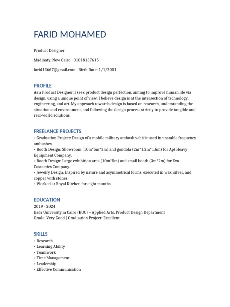 Farid Mohamed CV Same Format As Mariam | PDF