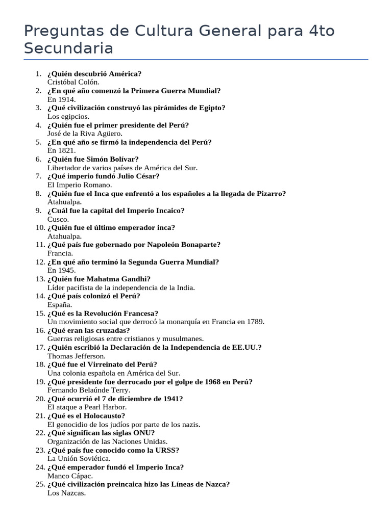 Preguntas de Cultura General para 4to | PDF | Américas | Perú
