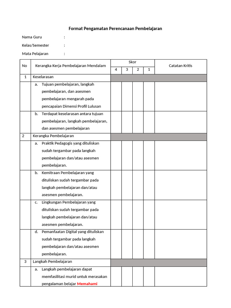 Format Pengamatan Perencaaan | PDF
