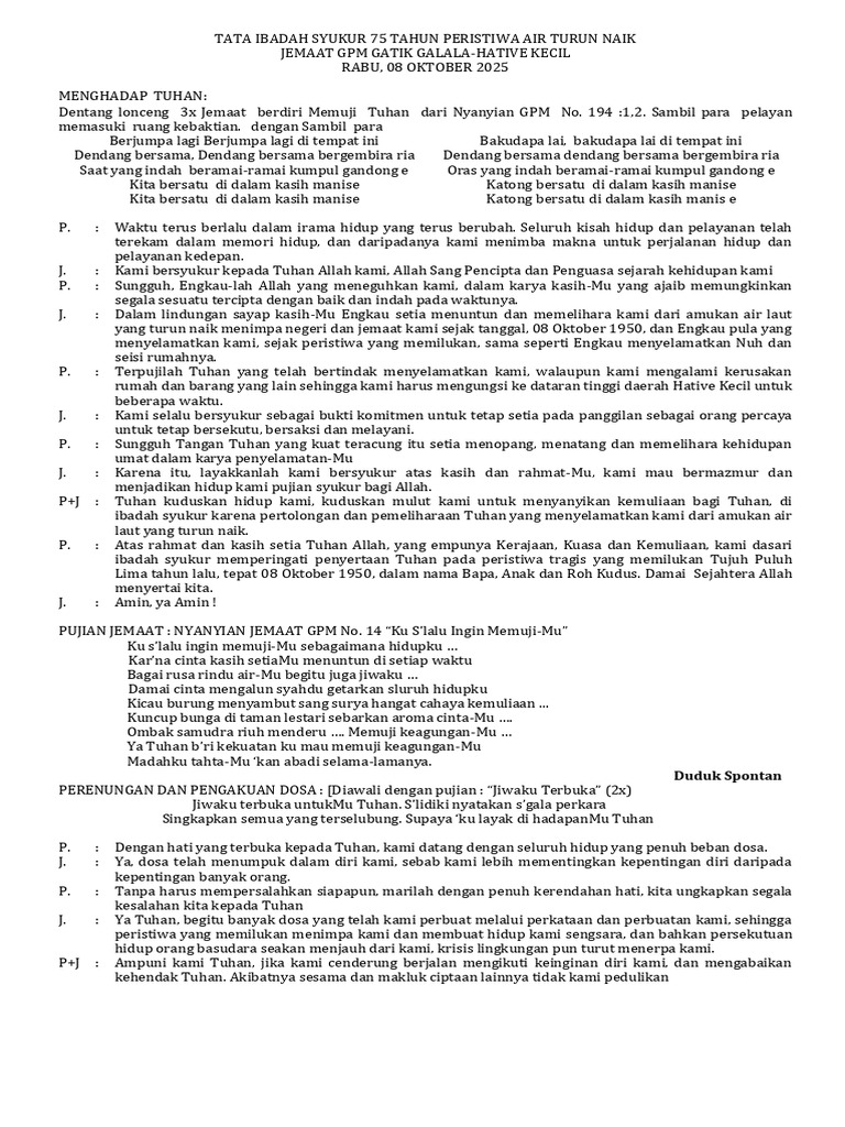 Ibadah Syukur 75 Tahun GPM Galala | PDF
