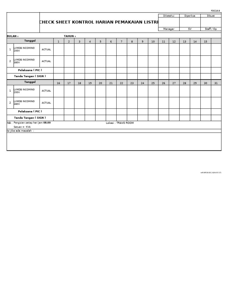 Check Sheet Pemakaian Listrik Harian | PDF