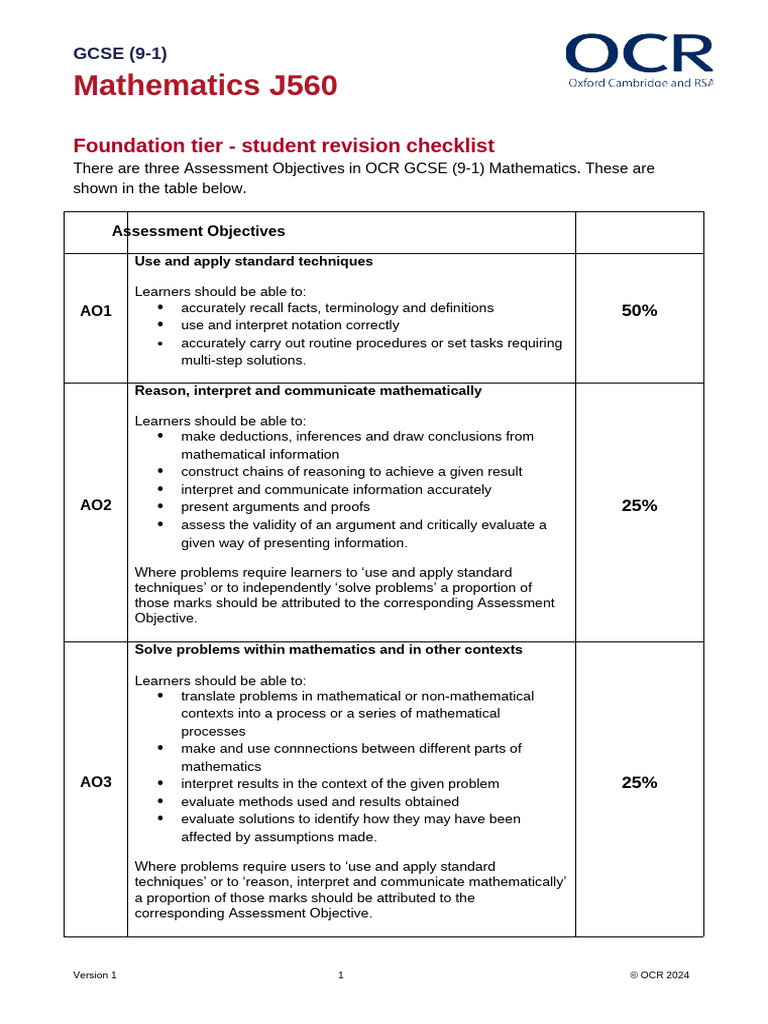 GCSE Maths J560 Foundation Revision Checklist | PDF | Algebra | Area
