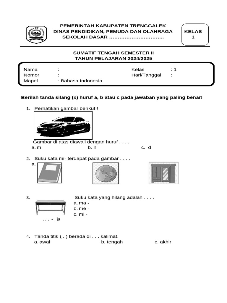 Soal Sts 2 Bhs Indonesia Kelas 1 | PDF