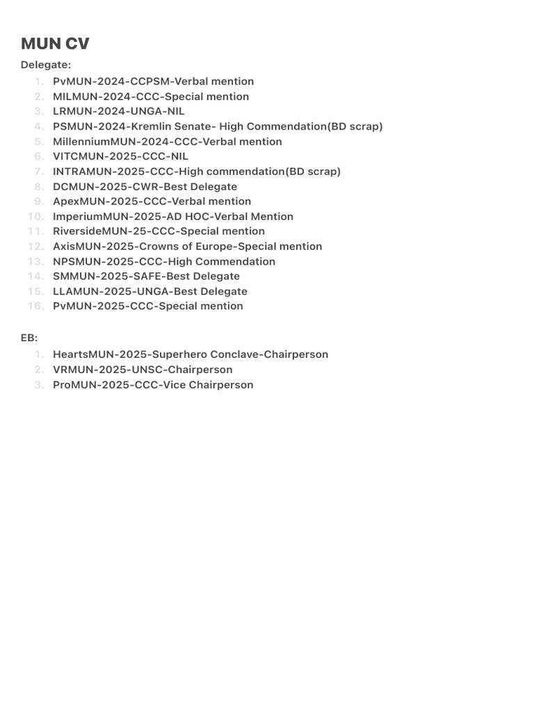 MUN Achievements and Roles Summary | PDF