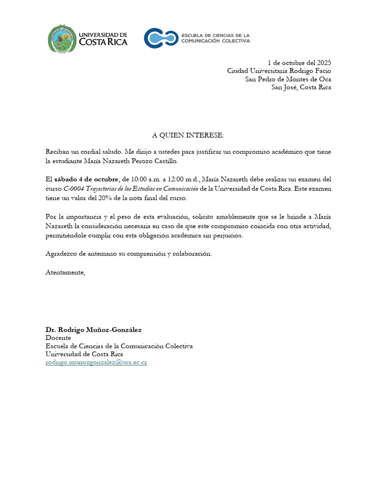 Justificación de Examen para María Perozo | PDF