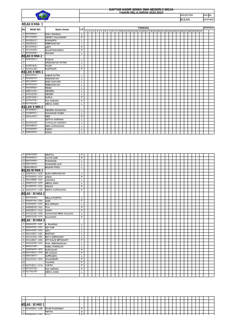 Daftar Hadir Siswa SMA Negeri 2 Woja | PDF