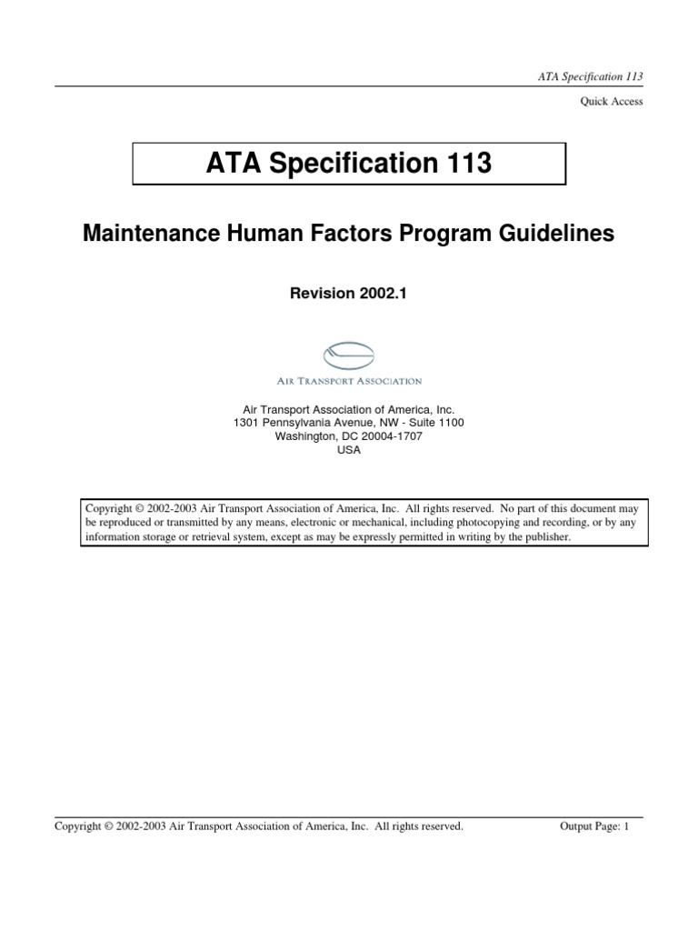 ATA Specification 113: Maintenance Human Factors Program Guidelines ...
