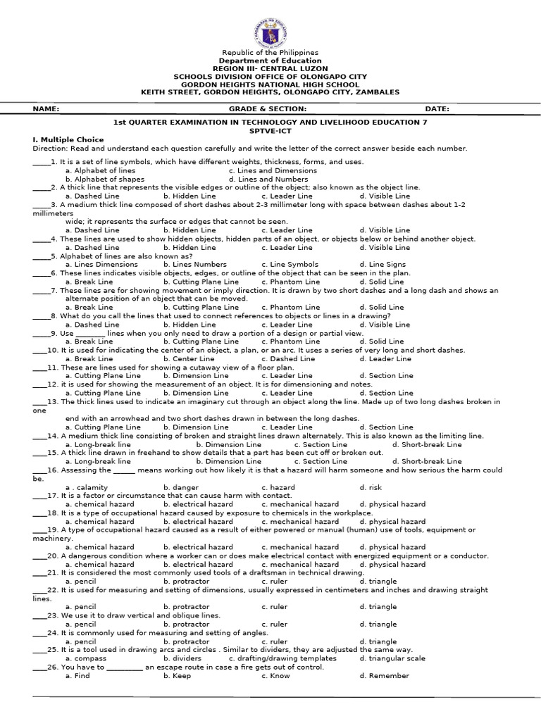 1st Quarter Periodical Test (SPTVE) A4 For Printing | PDF | Hazards ...