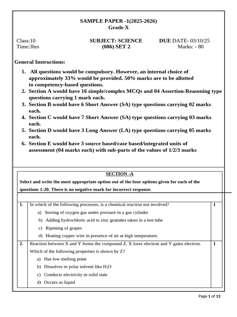 Class X Science Sample Paper-1 | PDF | Chemical Compounds | Materials