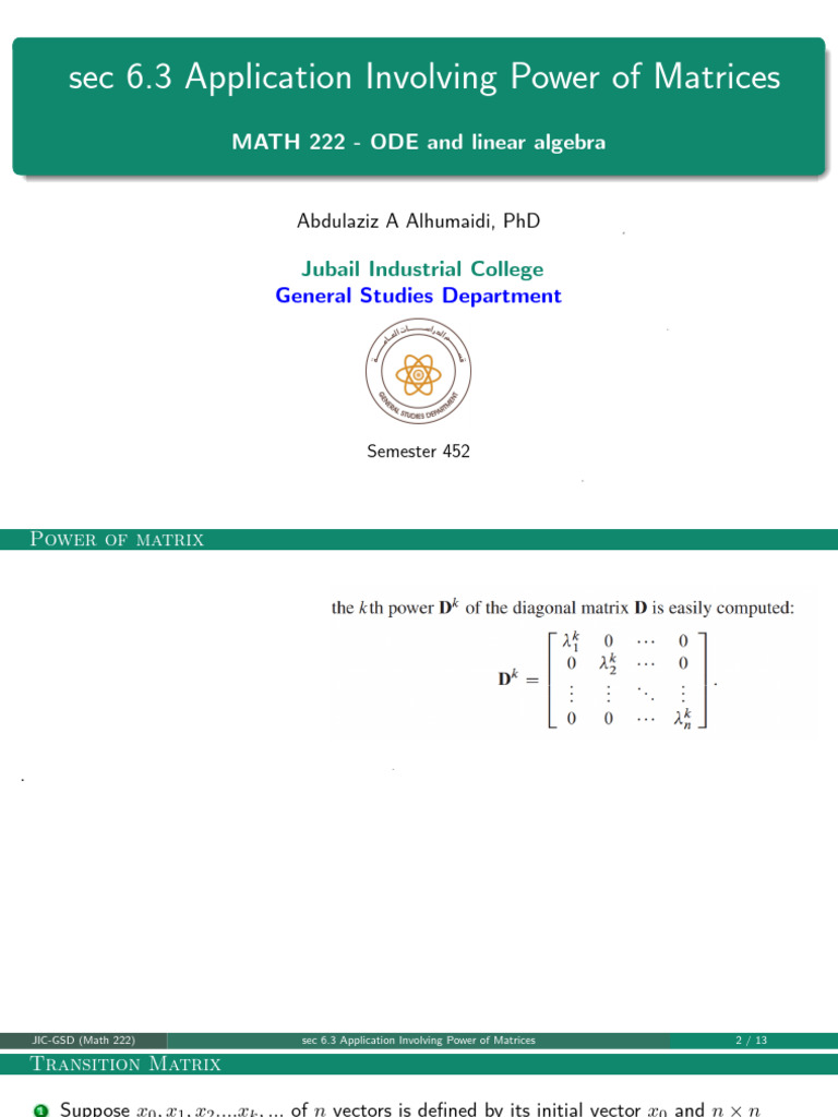 Sec 6.3 Application Involving Power of Matrices (452) To Be Posted ...