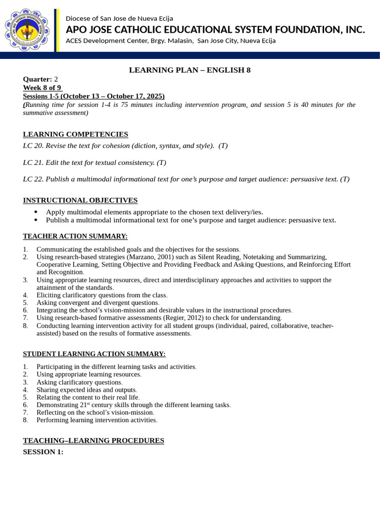 Lesson Plan English 8 2ND Q (Week 8) | PDF | Human Communication ...