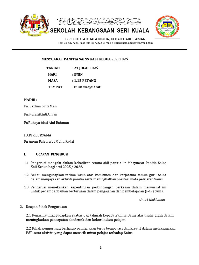 Minit Panitia Sains Kali Kedua 2025 | PDF
