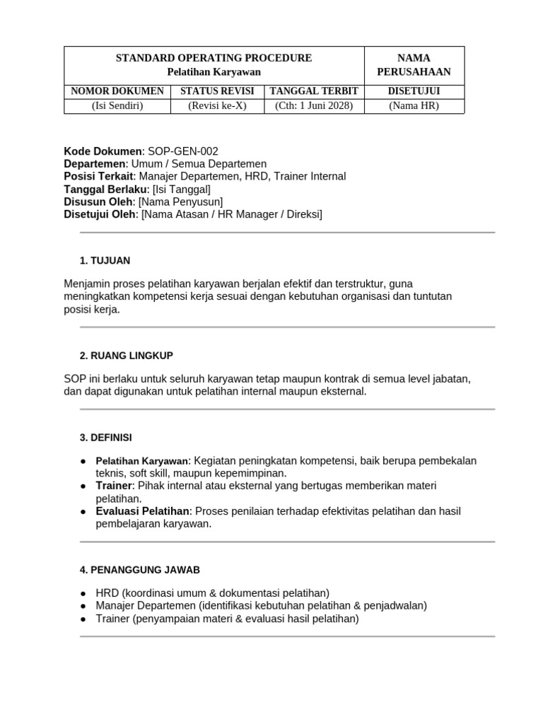 SOP Pelatihan Karyawan | PDF