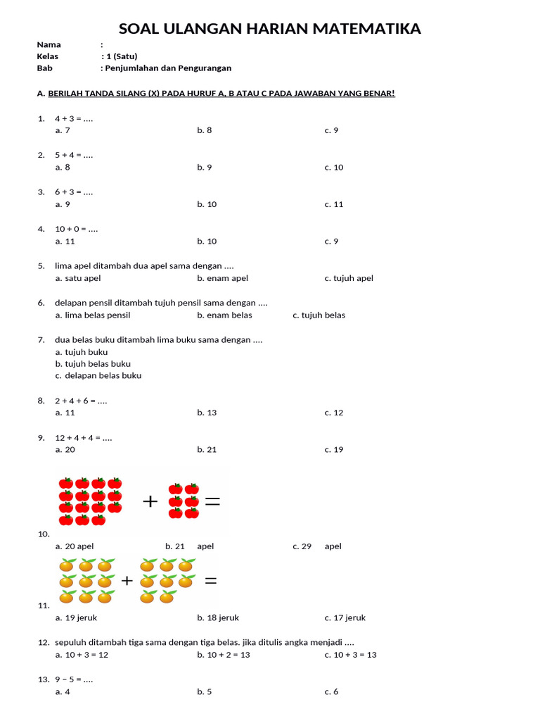Soal Matematika Kelas 1 SD Bab 2 Penjumlahan Dan Pengurangan Dan Kunci ...