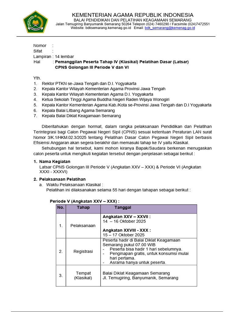 SURAT PEMANGGILAN LATSAR TAHAP 4 (KLASIKAL) Periode 5 dan 6_TTE_Rev | PDF