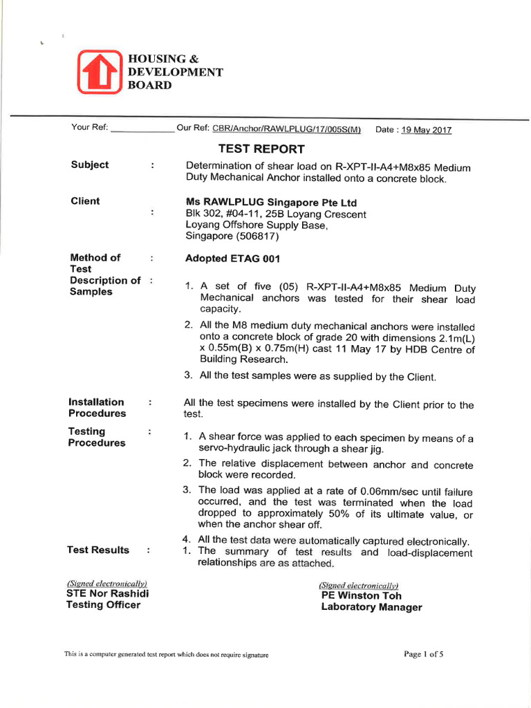 Rawlplug R-XPTIIA4 - Stainless Steel Bolt - HDB Testing Report | PDF