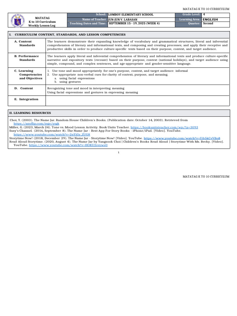 DLL Matatag - English 4 q2 w4 | PDF | Nonverbal Communication | Human ...