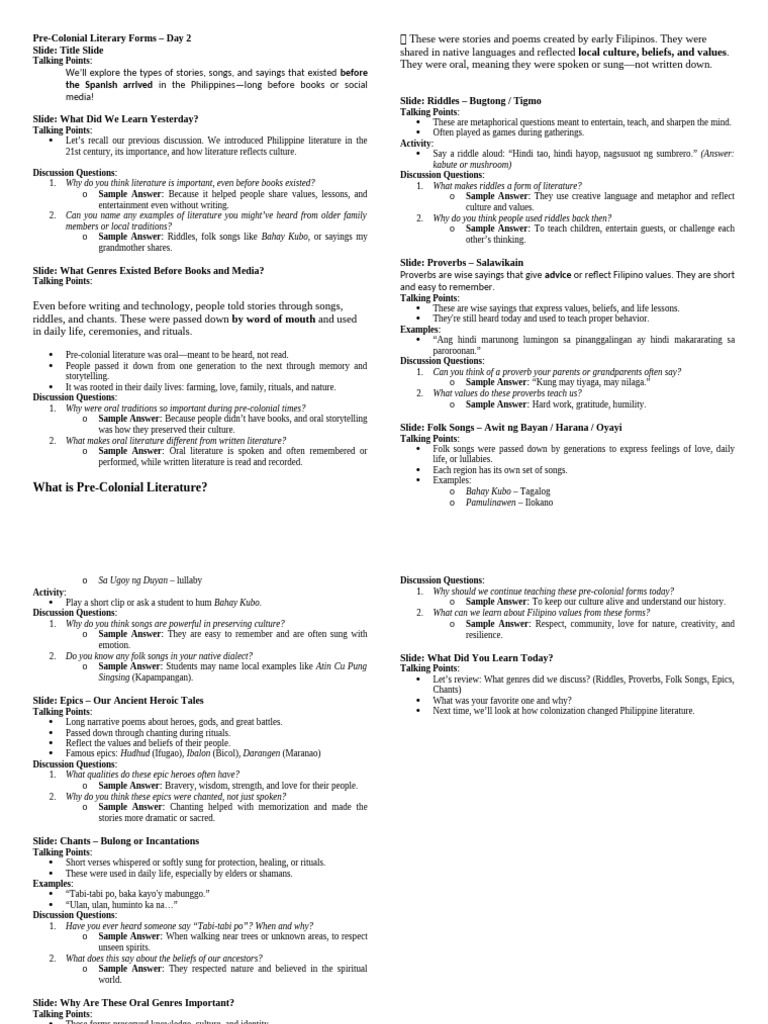 Pre-Colonial Philippine Literary Forms | PDF | Riddle | Epic Poetry