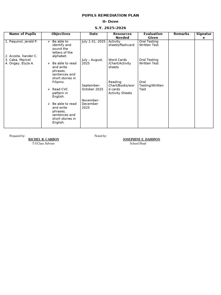 Pupils Remediation Plan | PDF