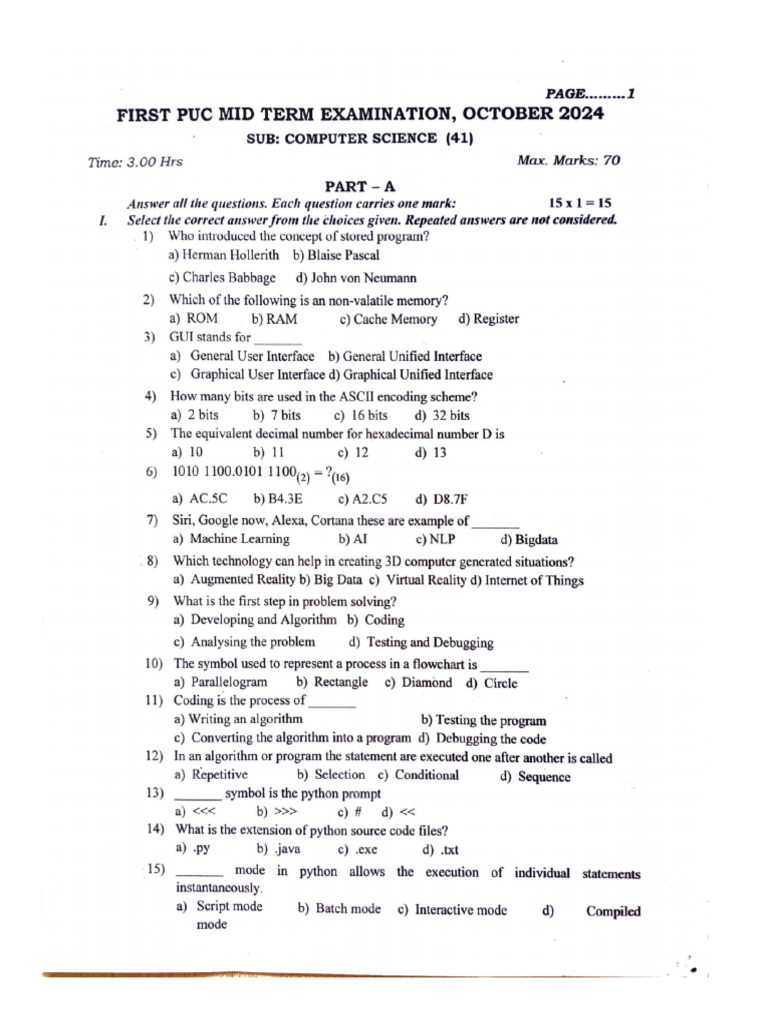 1st Puc Mid Term 2024-25 | PDF