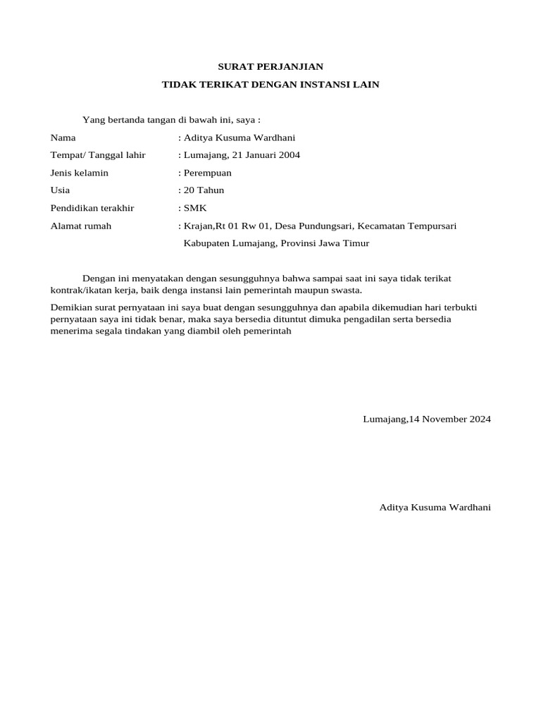 Surat Pernyataan Aditya Wardhani untuk Polri | PDF