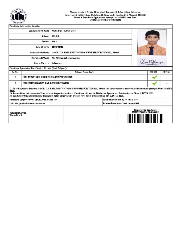 Exam Form Application of Candidate For FY3217588 | PDF