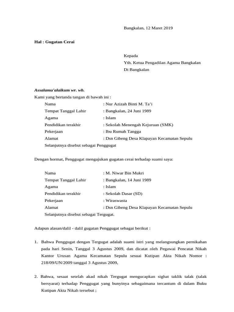 Format Contoh Surat Gugatan Cerai (Isteri Yang Mengajukan Cerai) | PDF