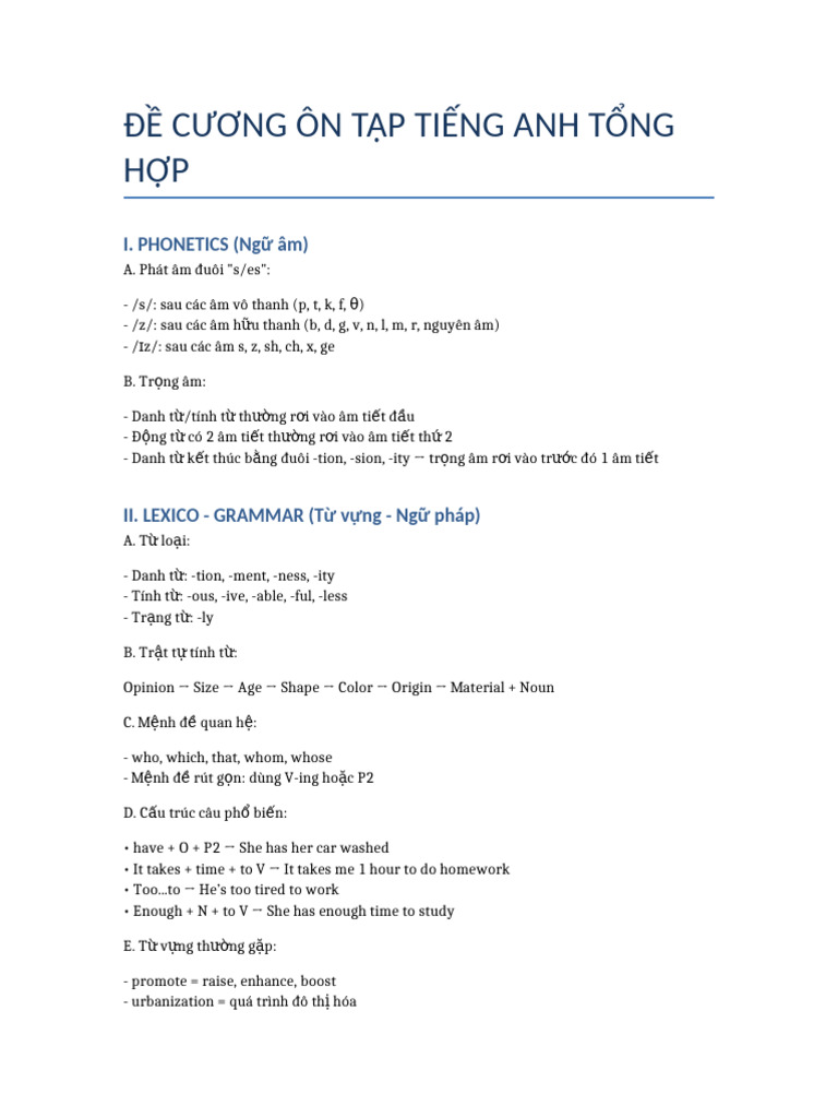 De Cuong On Tap Tieng Anh | PDF