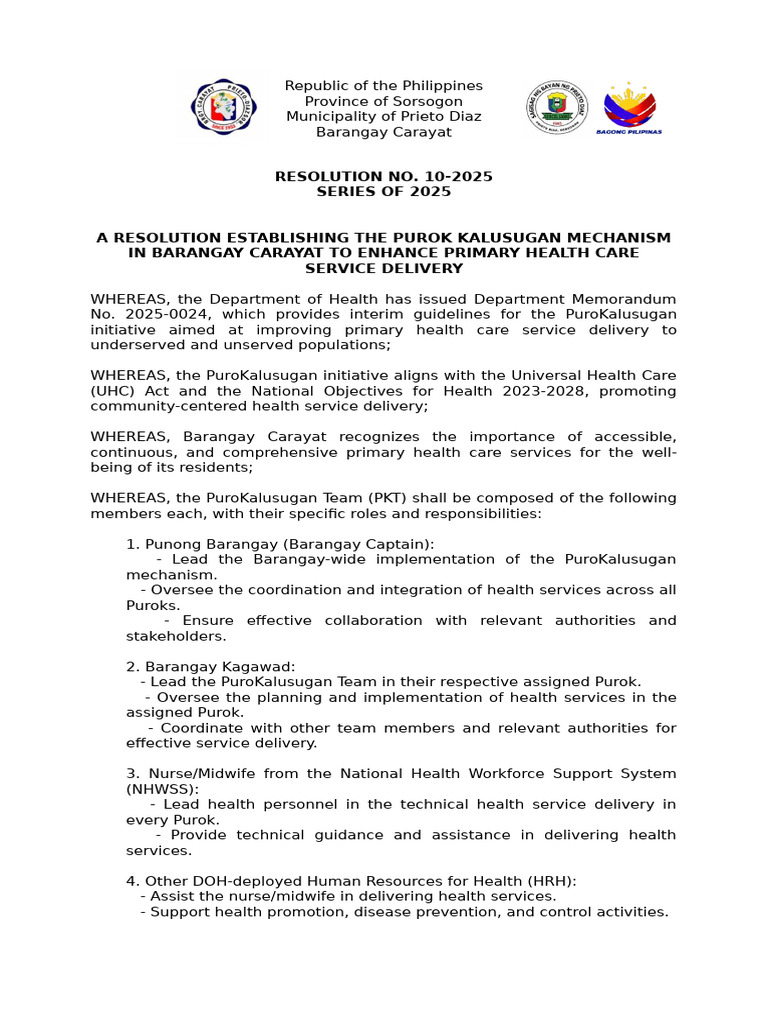 Purokalusugan Brgy Resolution | PDF | Health Human Resources | Health Care
