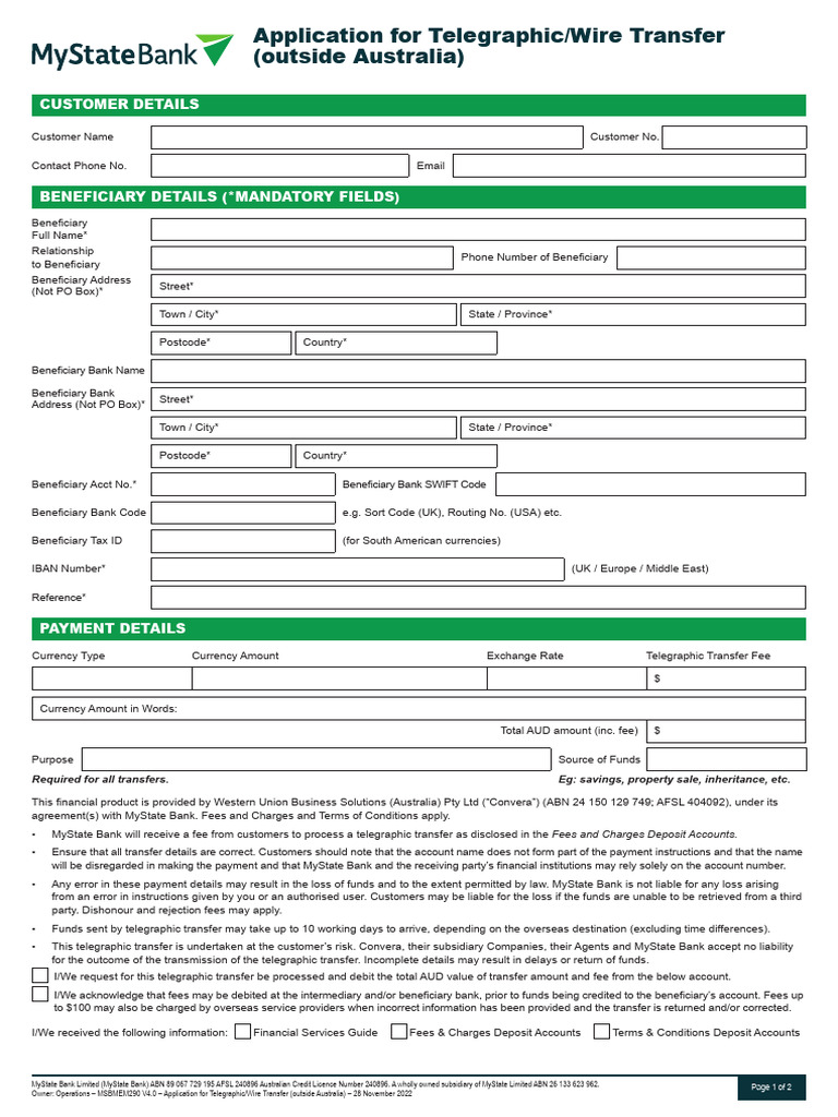 MyState Bank Telegraphic Transfer Form | PDF | Banks | Wire Transfer