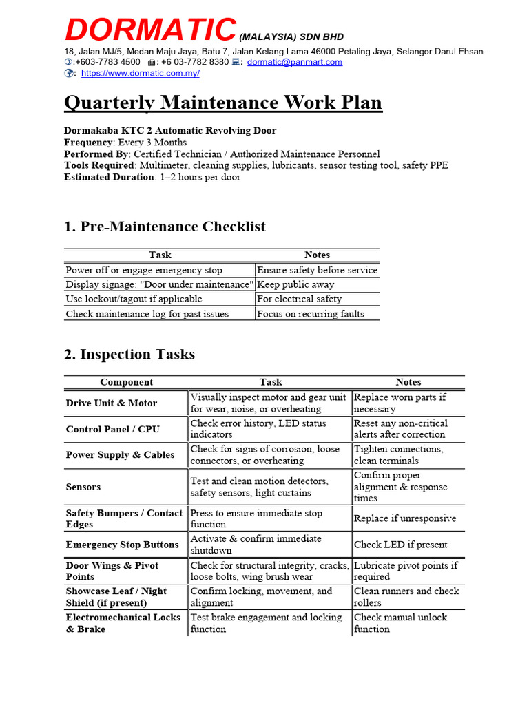 Quarterly Maintenance Work Plan | PDF | Door