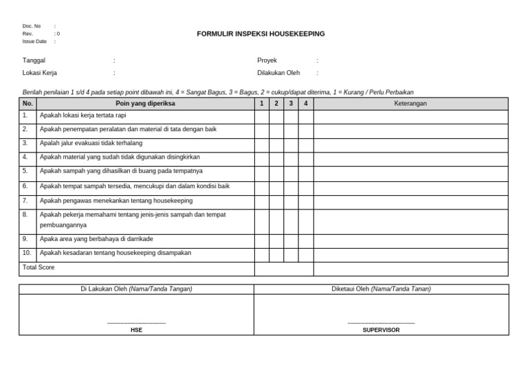 Formulir Inspeksi Housekeeping | PDF