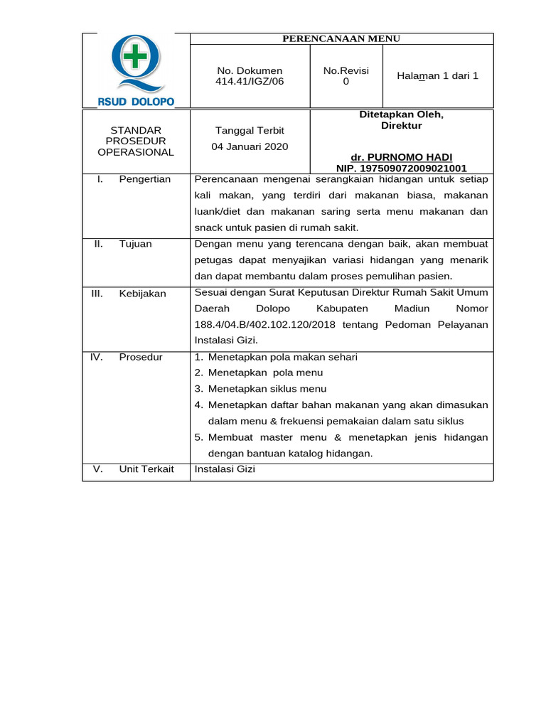 Panduan Perencanaan Menu Rumah Sakit | PDF