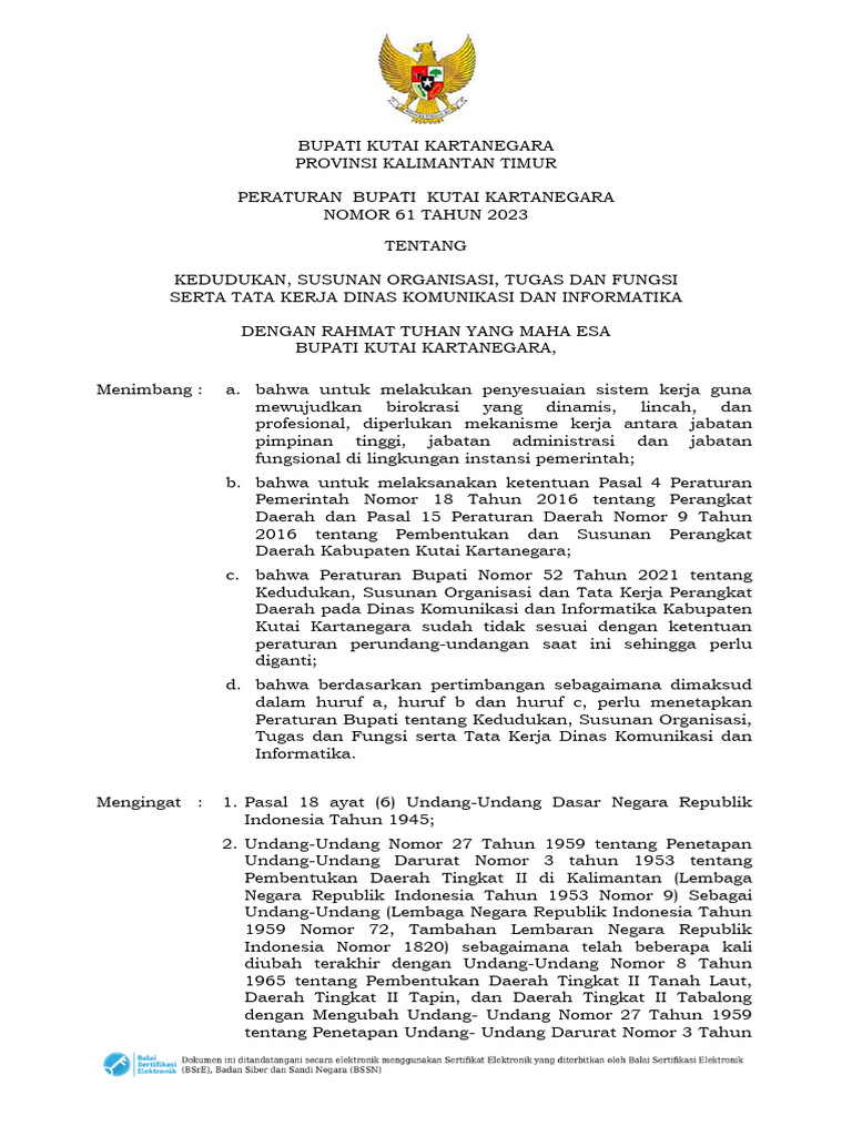 Perbup Kukar 61-2023 TTG Kedudukan, Susunan Organisasi, Tugas Dan ...