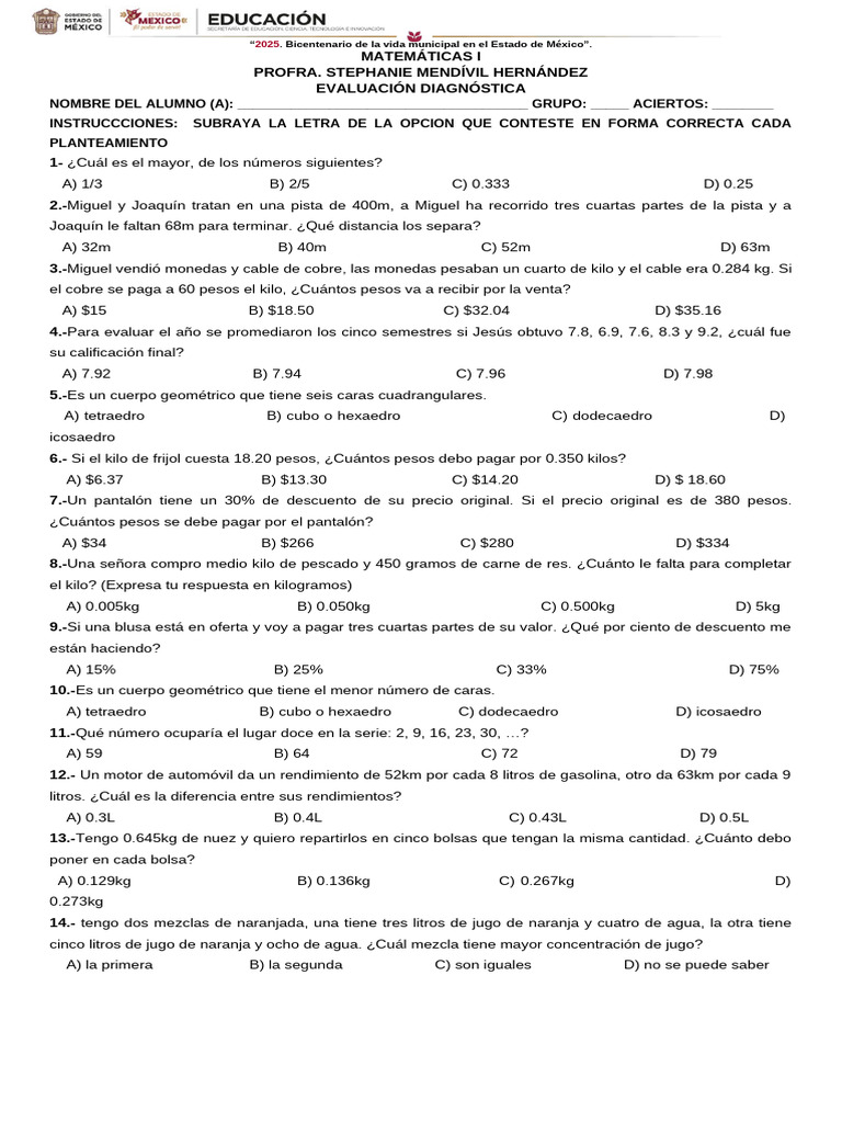 Examen de Diagnostico 1° Matematicas | PDF